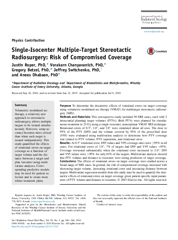 (PDF) Single-Isocenter Multiple-Target Stereotactic Radiosurgery: Risk of Compromised Coverage