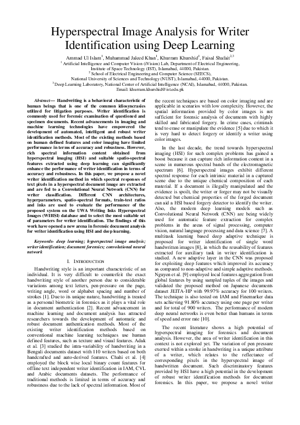 (PDF) Hyperspectral Image Analysis for Writer Identification using Deep Learning