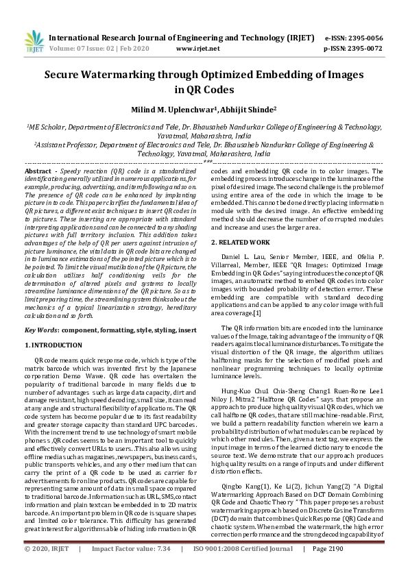 Pdf Irjet Secure Watermarking Through Optimized Embedding Of Images In Qr Codes