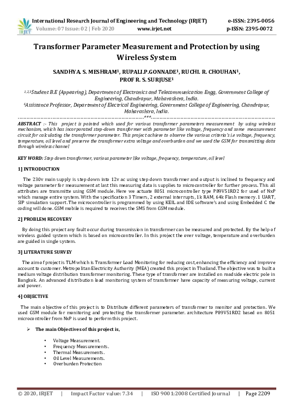 (PDF) IRJET- Transformer Parameter Measurement and Protection by using ...