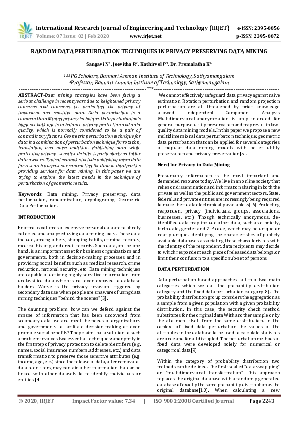 (PDF) IRJET- RANDOM DATA PERTURBATION TECHNIQUES IN PRIVACY PRESERVING DATA MINING