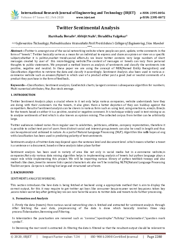 Pdf Irjet Twitter Sentimental Analysis