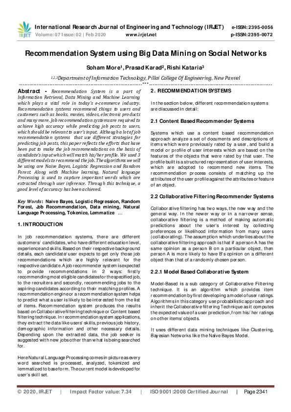 (PDF) IRJET- Recommendation System using Big Data Mining on Social Networks