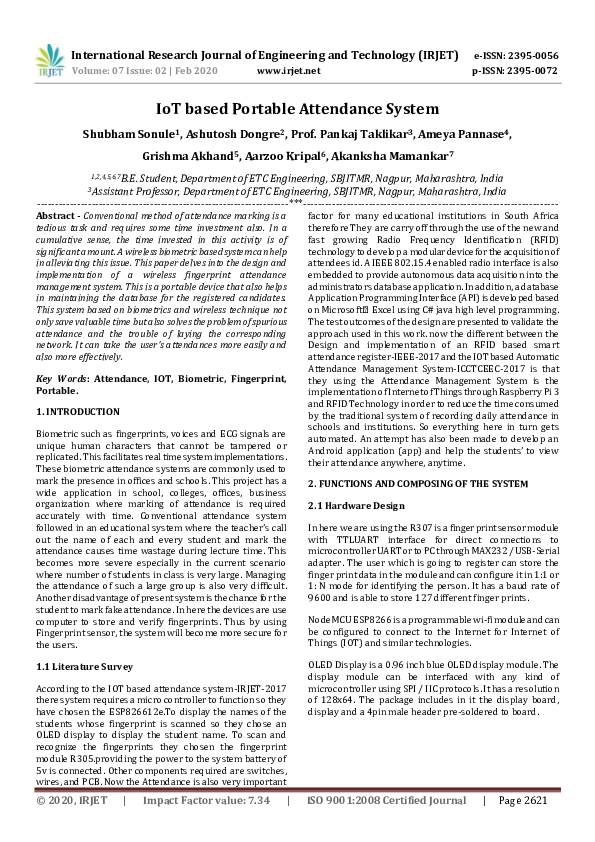 (PDF) IRJET- IoT based Portable Attendance System