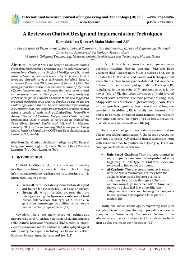 Pdf Irjet A Review On Chatbot Design And Implementation Techniques