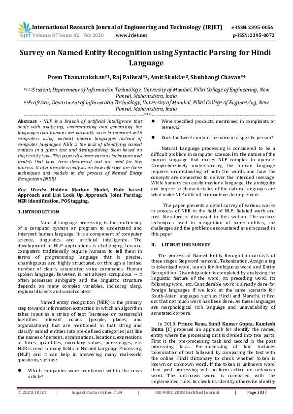 Pdf Irjet Survey On Named Entity Recognition Using Syntactic Parsing