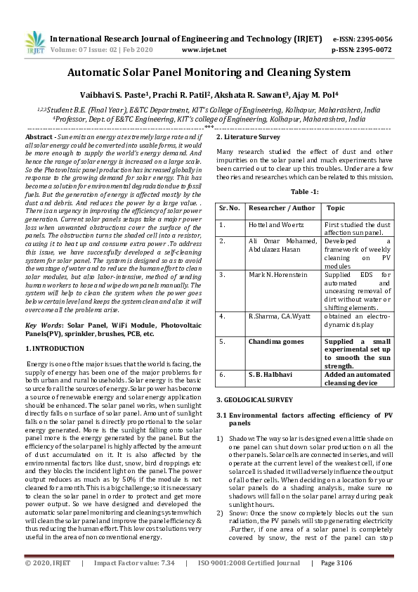 (PDF) IRJET- Automatic Solar Panel Monitoring and Cleaning System