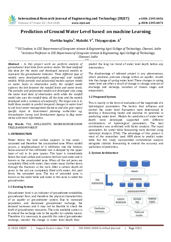 (PDF) IRJET- Prediction of Ground Water Level based on machine Learning