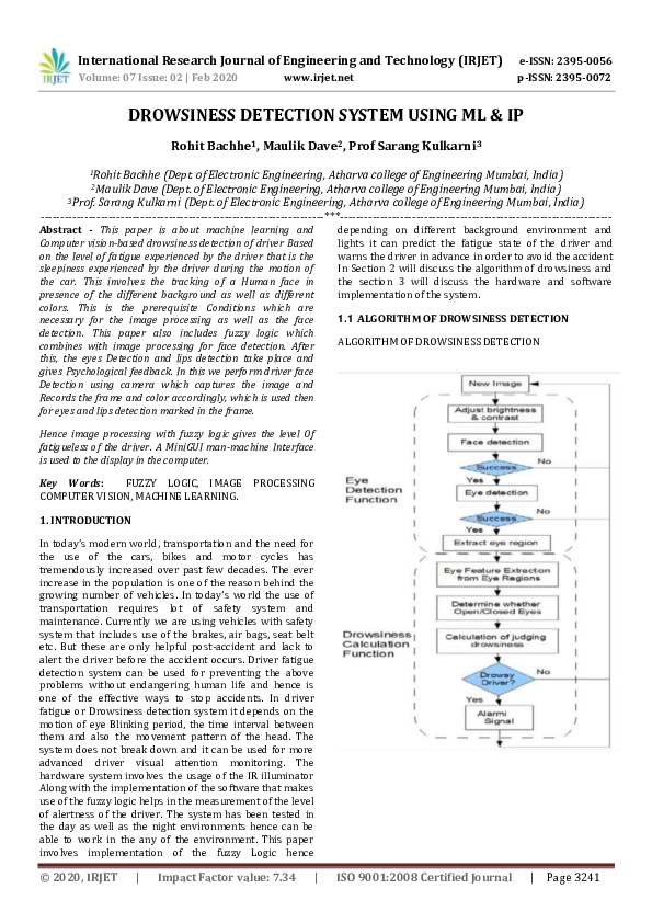 (PDF) DROWSINESS DETECTION SYSTEM USING ML & IP