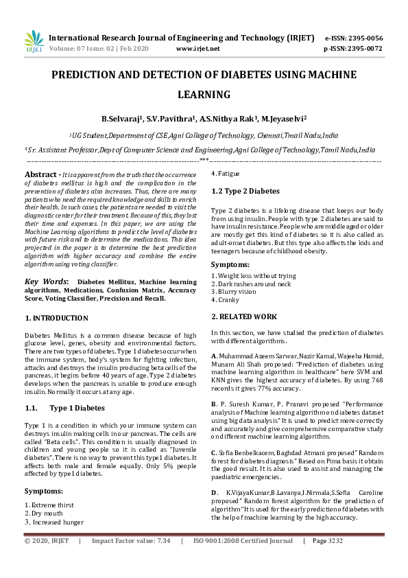 Pdf Irjet Prediction And Detection Of Diabetes Using Machine Learning