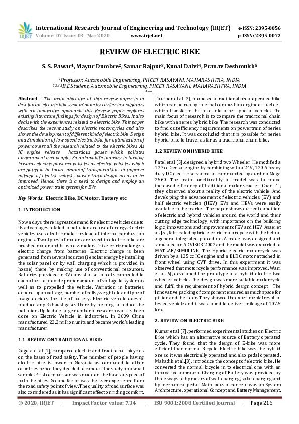 (PDF) IRJET- REVIEW OF ELECTRIC BIKE (PDF) IRJET- REVIEW OF ELECTRIC BIKE