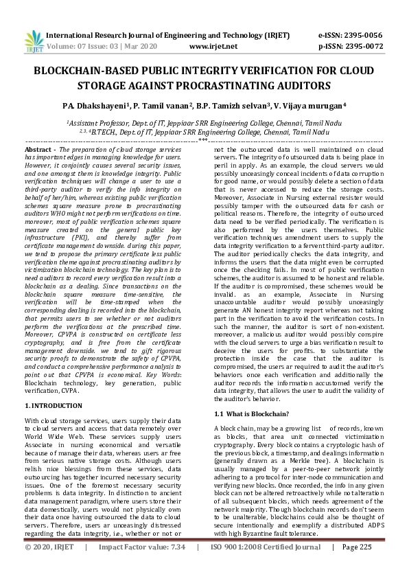 Pdf Blockchain Based Public Integrity Verification For Cloud Storage Against Procrastinating