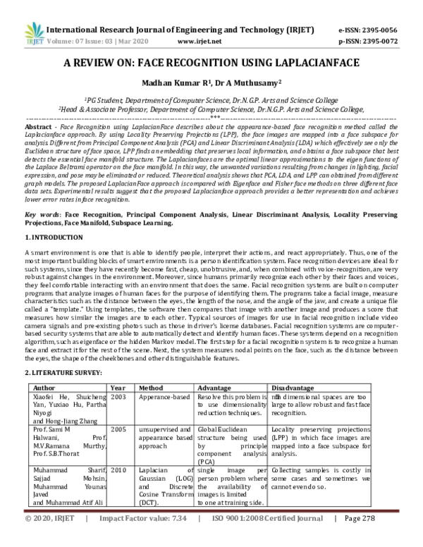 (PDF) IRJET- A REVIEW ON: FACE RECOGNITION USING LAPLACIANFACE