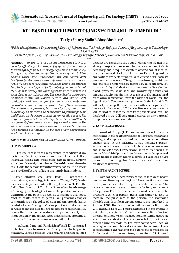 (PDF) IRJET- IOT BASED HEALTH MONITORING SYSTEM AND TELEMEDICINE