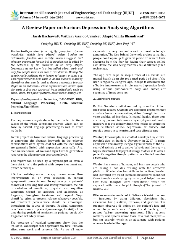 (PDF) IRJET- A Review Paper on Various Depression Analysing Algorithms