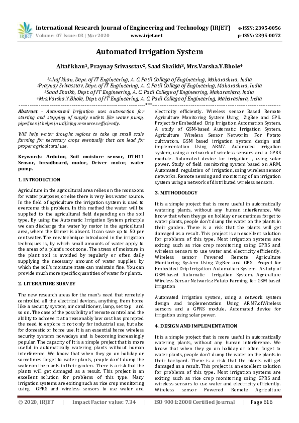 (PDF) IRJET- Automated Irrigation System (PDF) IRJET- Automated Irrigation System