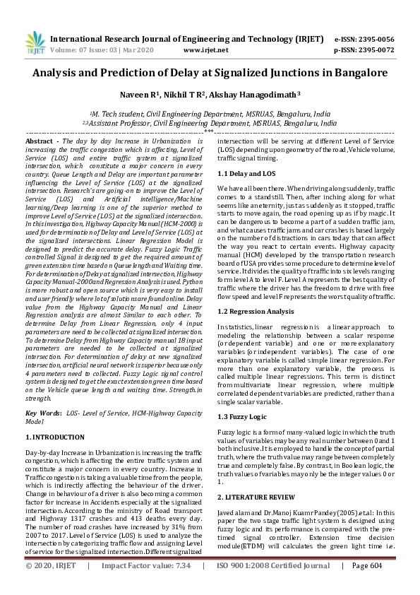 (PDF) IRJET- Analysis and Prediction of Delay at Signalized Junctions in Bangalore