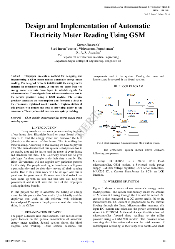 Pdf Ijert Design And Implementation Of Automatic Electricity Meter Reading Using Gsm