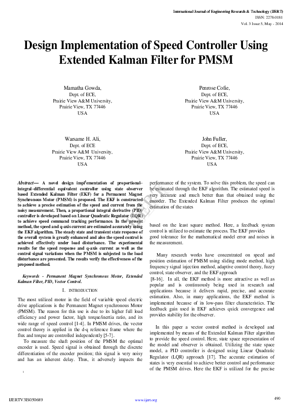 Pdf Ijert Design Implementation Of Speed Controller Using Extended Kalman Filter For Pmsm