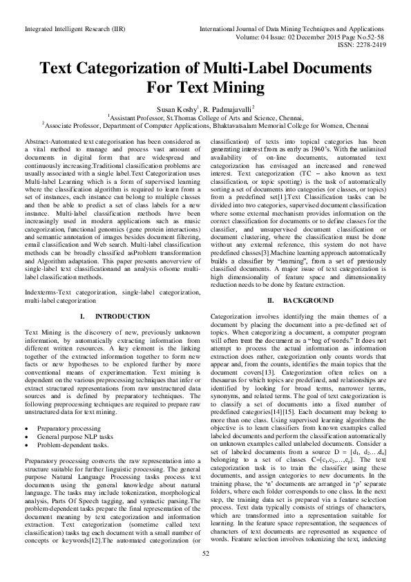 (PDF) Text Categorization of Multi-Label Documents For Text Mining