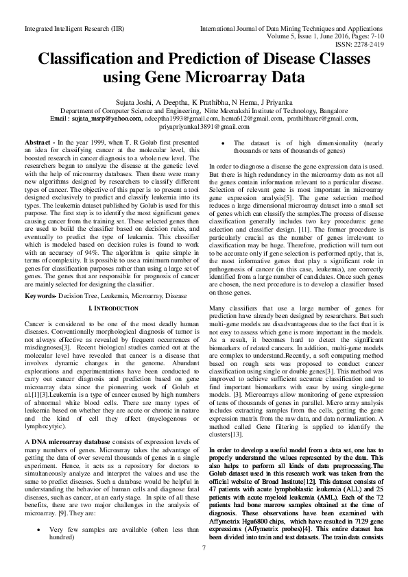 Pdf Classification And Prediction Of Disease Classes Using Gene