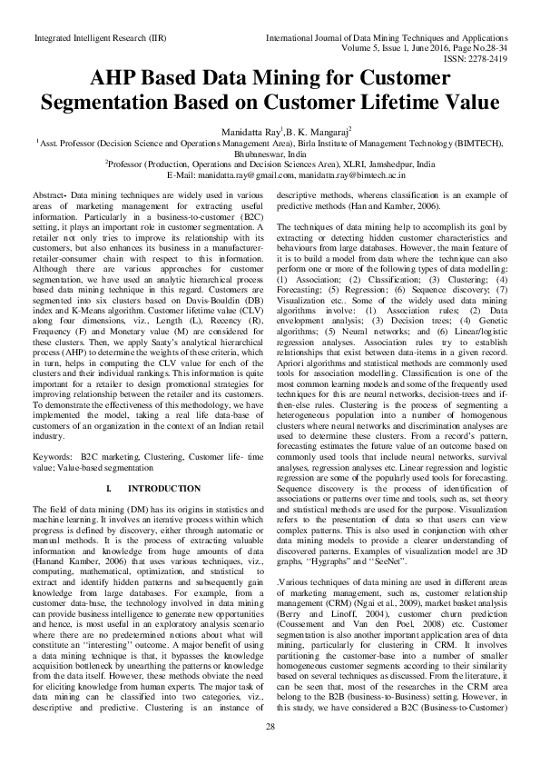 Pdf Ahp Based Data Mining For Customer Segmentation Based On Customer Lifetime Value