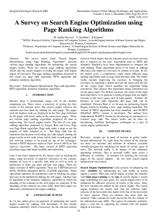 Pdf A Survey On Search Engine Optimization Using Page Ranking Algorithms