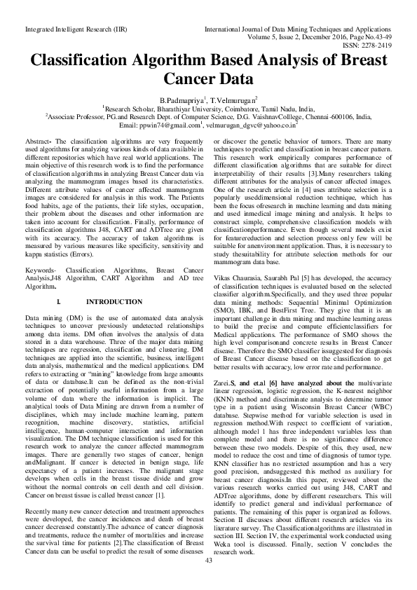 (PDF) Classification Algorithm Based Analysis of Breast Cancer Data