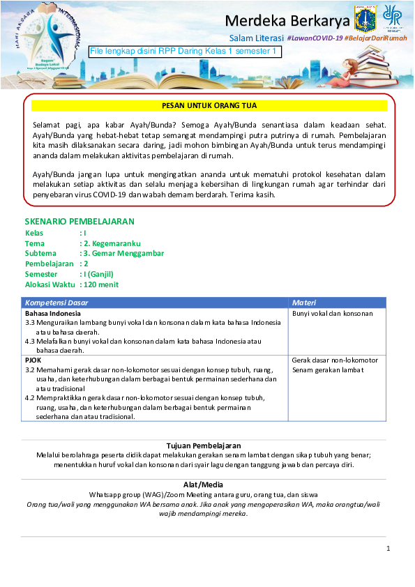 (PDF) RPP DARING KELAS 1 SEMESTER 1 TEMA 2