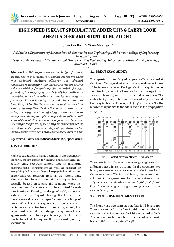 (PDF) IRJET- HIGH SPEED INEXACT SPECULATIVE ADDER USING CARRY LOOK AHEAD ADDER AND BRENT KUNG ADDER