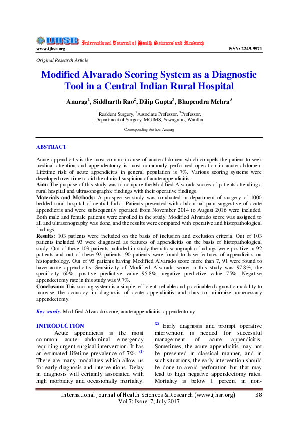 (PDF) Modified Alvarado Scoring System as a Diagnostic Tool in a ...