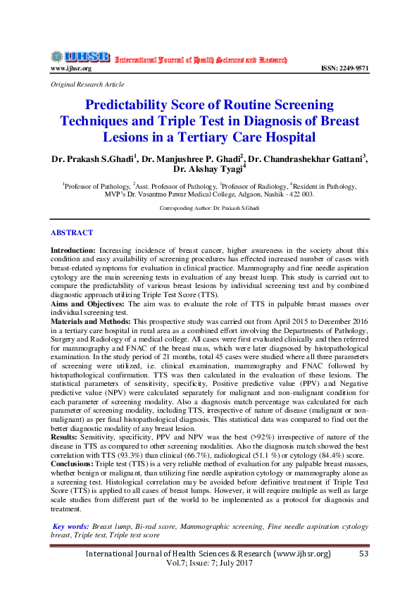(PDF) Predictability Score of Routine Screening Techniques and Triple ...