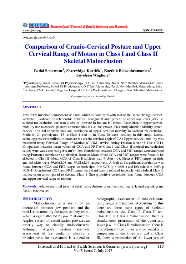 (PDF) Comparison of Cranio-Cervical Posture and Upper Cervical Range of ...