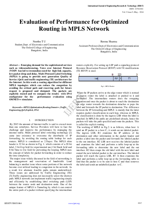 Pdf Ijert Evaluation Of Performance For Optimized Routing In Mpls Network