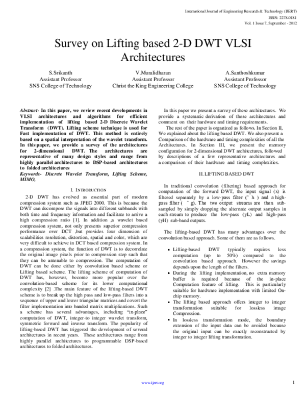 Pdf Ijert Survey On Lifting Based 2 D Dwt Vlsi Architectures