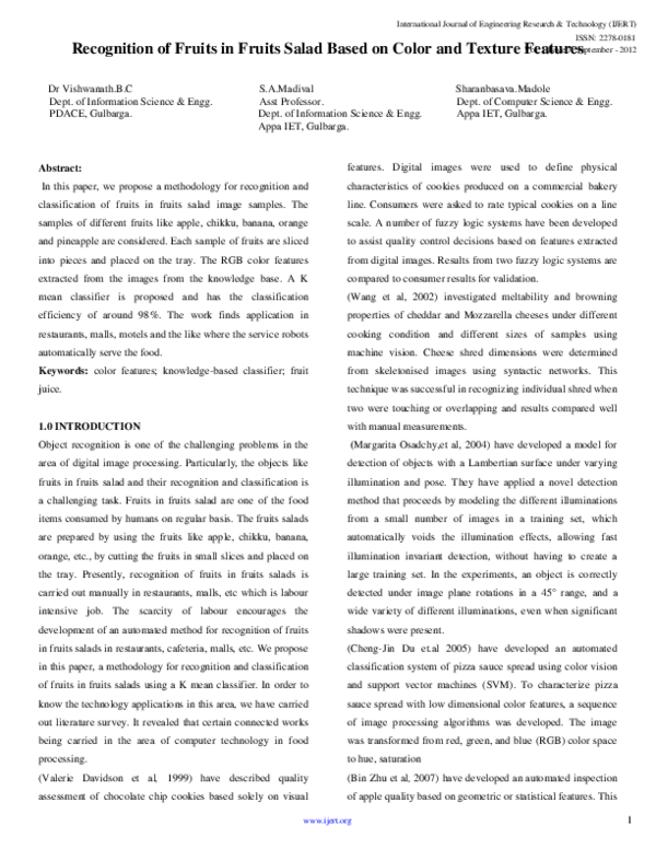 Pdf Ijert Recognition Of Fruits In Fruits Salad Based On Color And Texture Features