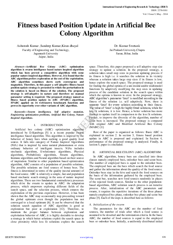 Pdf Ijert Fitness Based Position Update In Artificial Bee Colony Algorithm