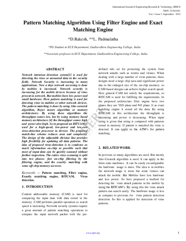 (PDF) IJERT-Pattern Matching Algorithm Using Filter Engine and Exact Matching Engine