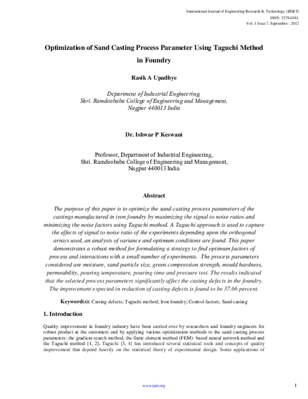 Pdf Ijert Optimization Of Sand Casting Process Parameter Using