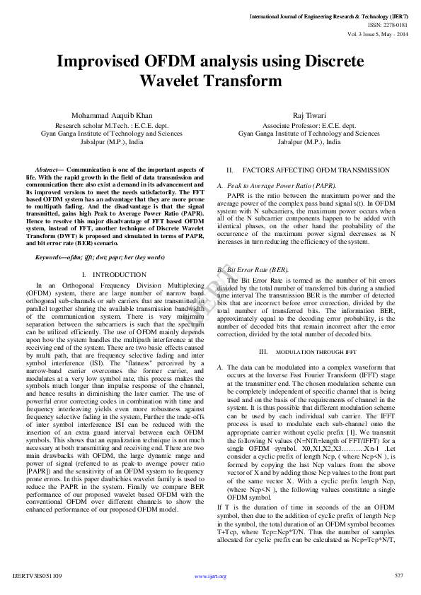 Pdf Ijert Improvised Ofdm Analysis Using Discrete Wavelet Transform 