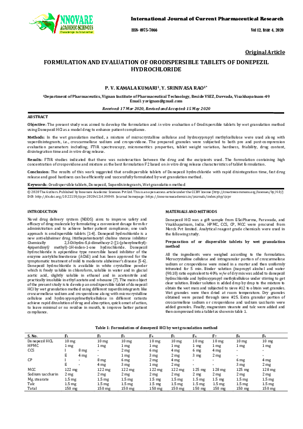 Pdf Formulation And Evaluation Of Orodispersible Tablets Of Donepezil Hydrochloride