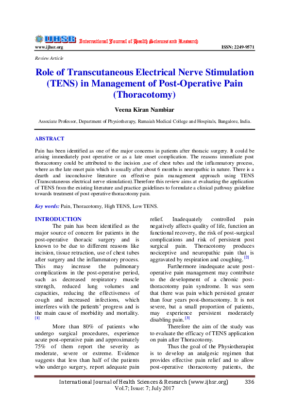 (PDF) Role of Transcutaneous Electrical Nerve Stimulation (TENS) in Management of Post-Operative ...