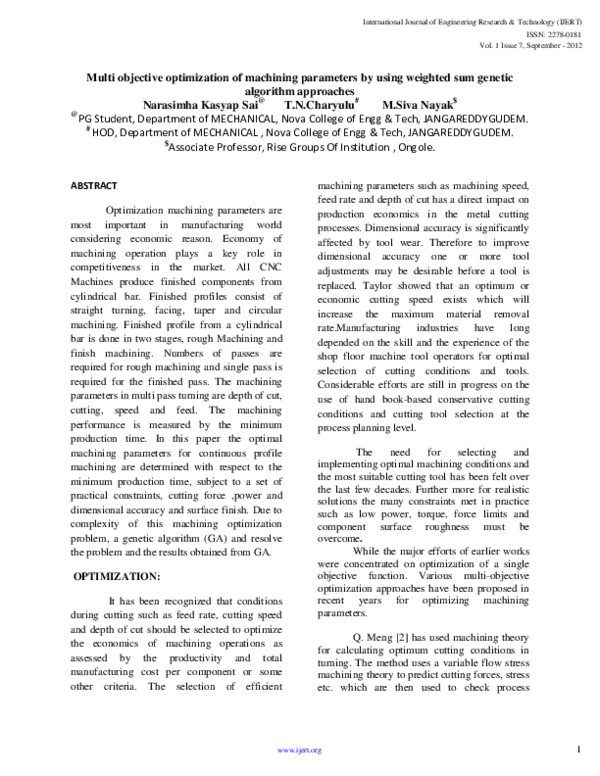 Pdf Ijert Multi Objective Optimization Of Machining Parameters By Using Weighted Sum Genetic 
