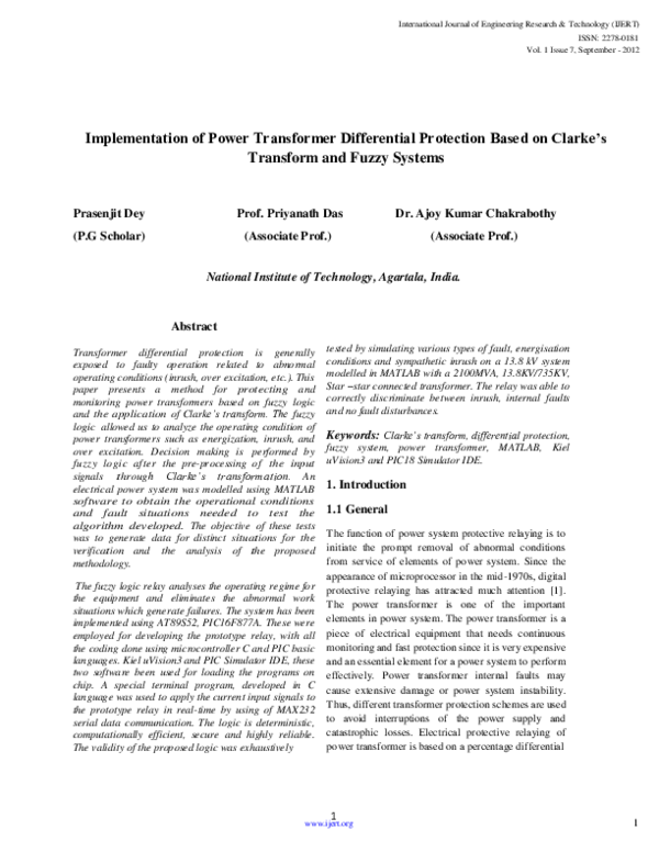 Pdf Ijert Implementation Of Power Transformer Differential Protection Based On Clarkes 