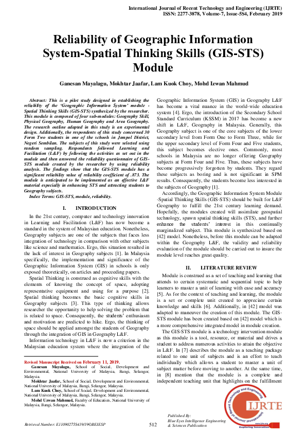 (PDF) Reliability of Geographic Information System Spatial Thinking ...