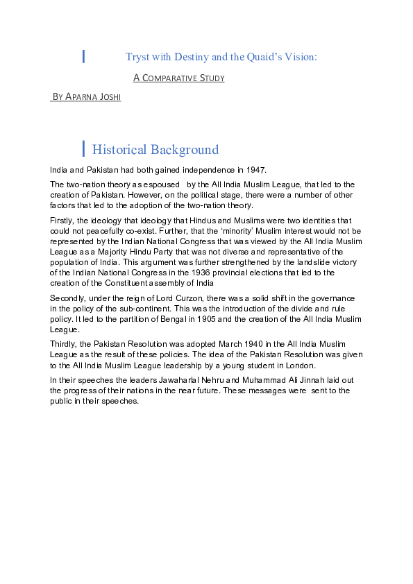 (DOC) Tryst with Destiny and the Quaid's Vision: A Comparative Study