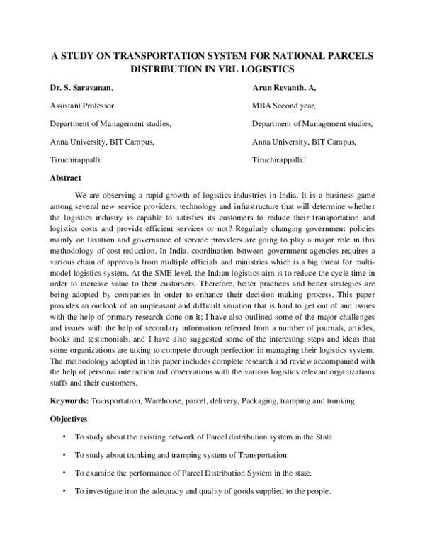 (PDF) A STUDY ON TRANSPORTATION SYSTEM FOR NATIONAL PARCELS ...