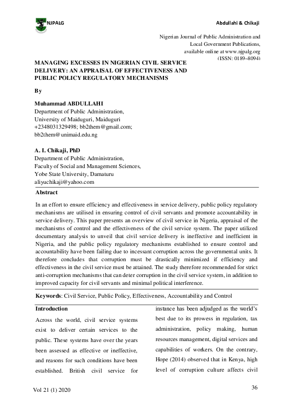 (PDF) Managing Excesses in Nigerian Civil Service Delivery: An ...