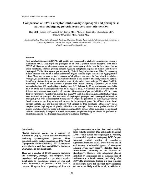 (PDF) Comparison of P2Y12 receptor inhibition by clopidogrel and ...