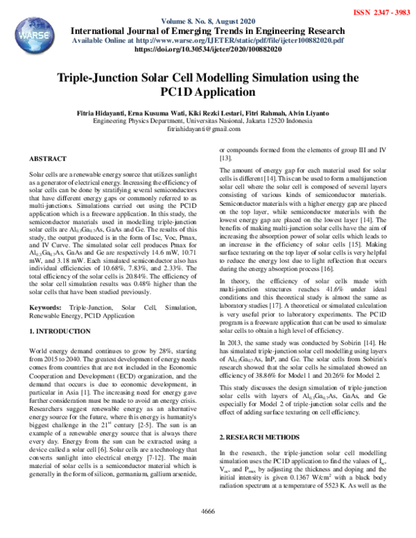 Pdf Triple Junction Solar Cell Modelling Simulation Using The Pc1d Application